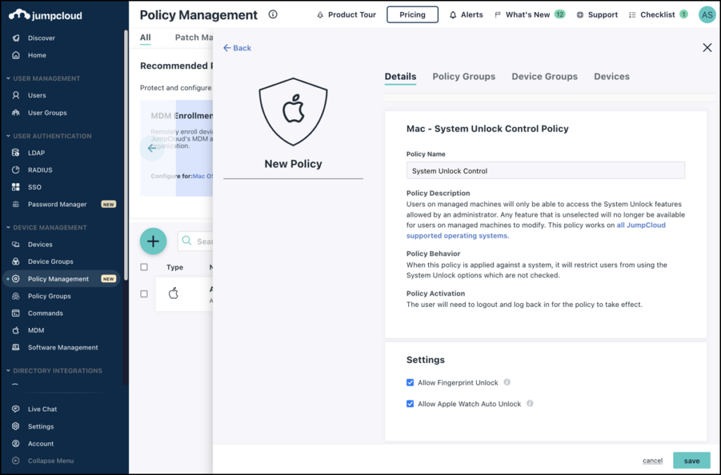 Create a Mac System Unlock Control Policy - JumpCloud