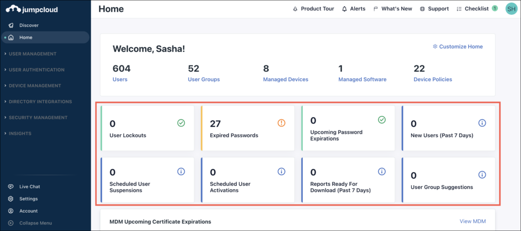 Admin Portal Homepage - JumpCloud