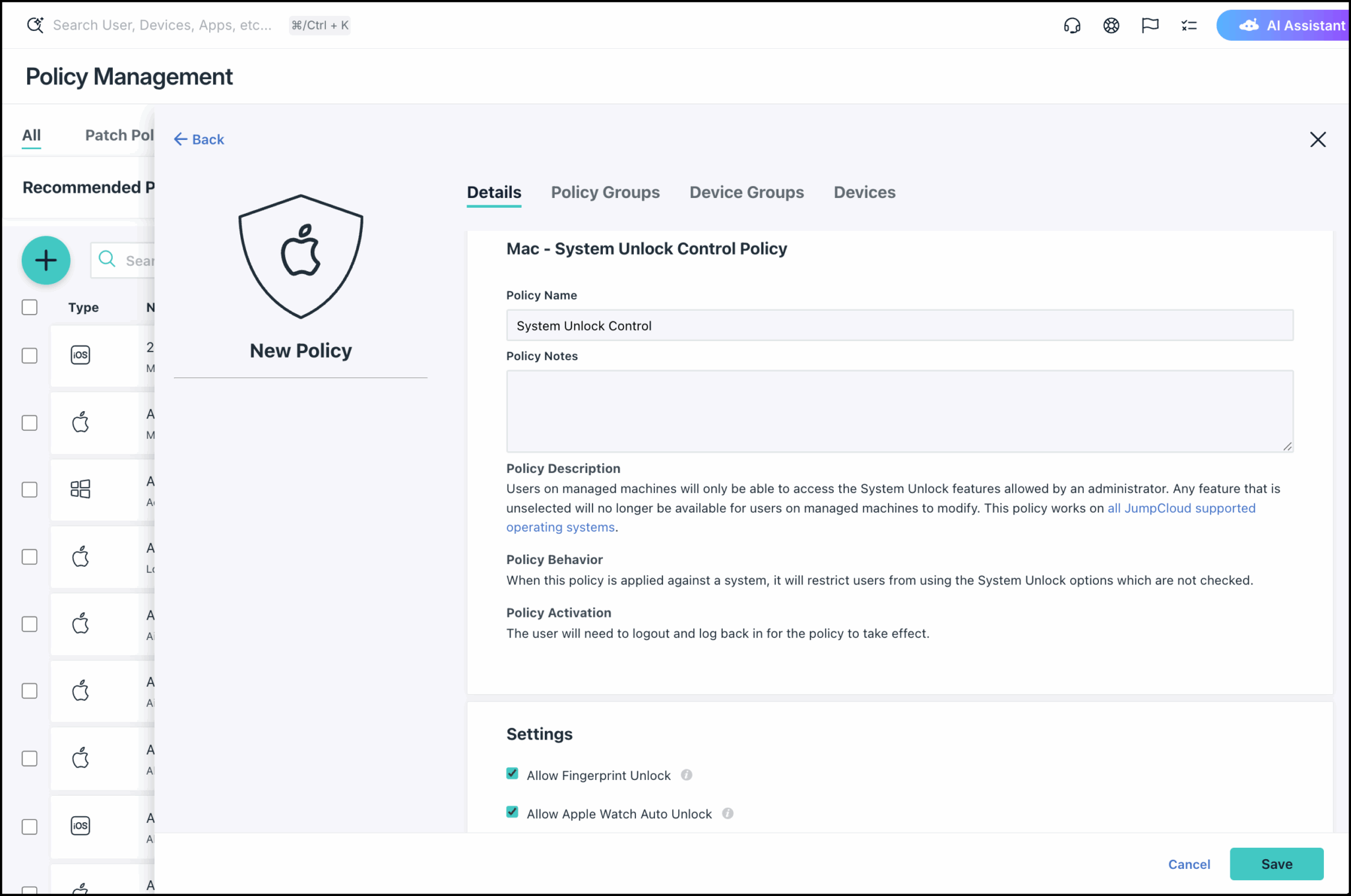 Create a Mac System Unlock Control Policy - JumpCloud