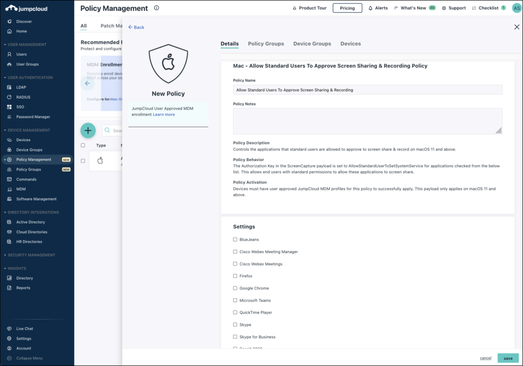 Create Mac Policy to Allow Users to Screen Share - JumpCloud