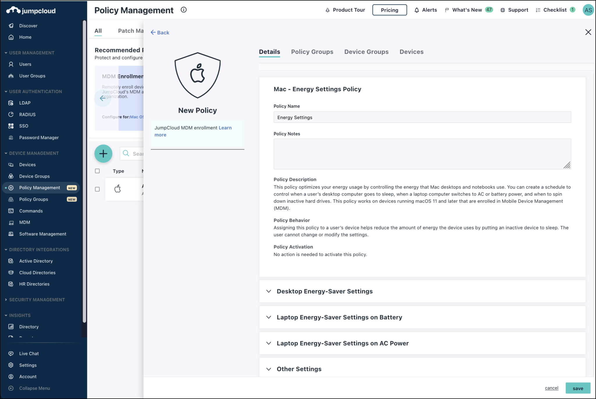 Create a Mac Energy Settings Policy - JumpCloud