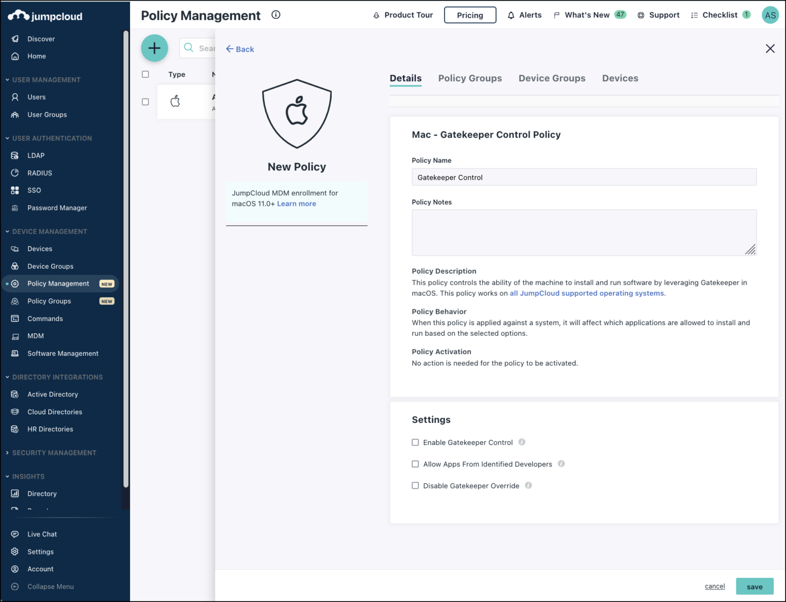 Create a Mac Gatekeeper Control Policy - JumpCloud