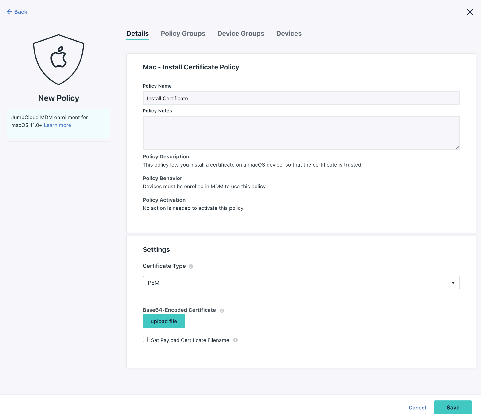 Create a Mac or iOS Install Certificate Policy - JumpCloud