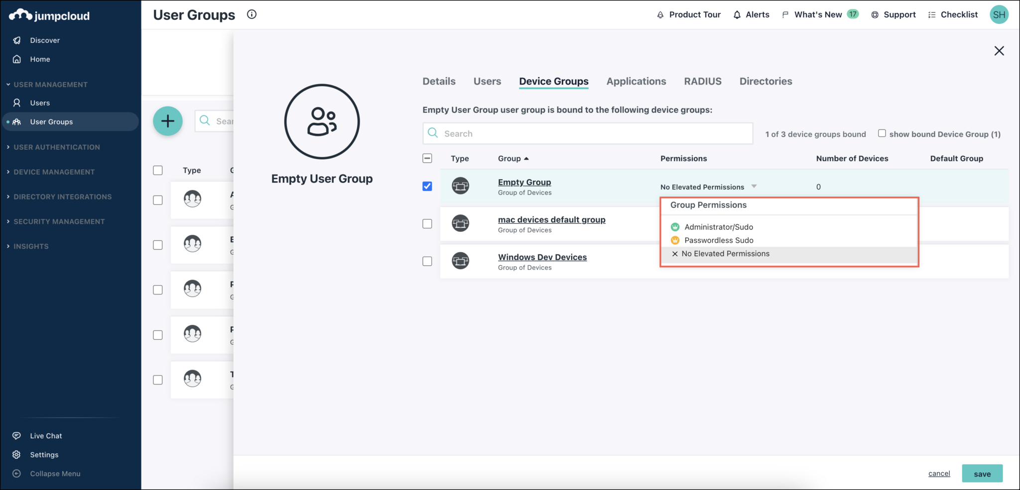 Set Admin/Sudo Permissions - JumpCloud