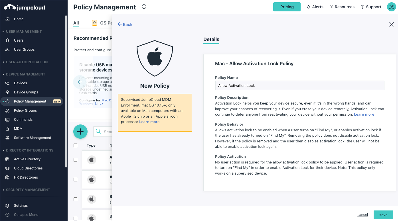 Create a Mac or iOS Activation Lock Policy - JumpCloud