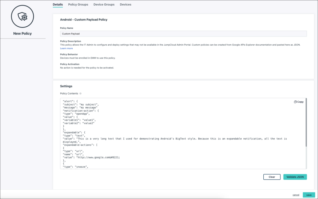 Create an Android Custom Payload Policy - JumpCloud