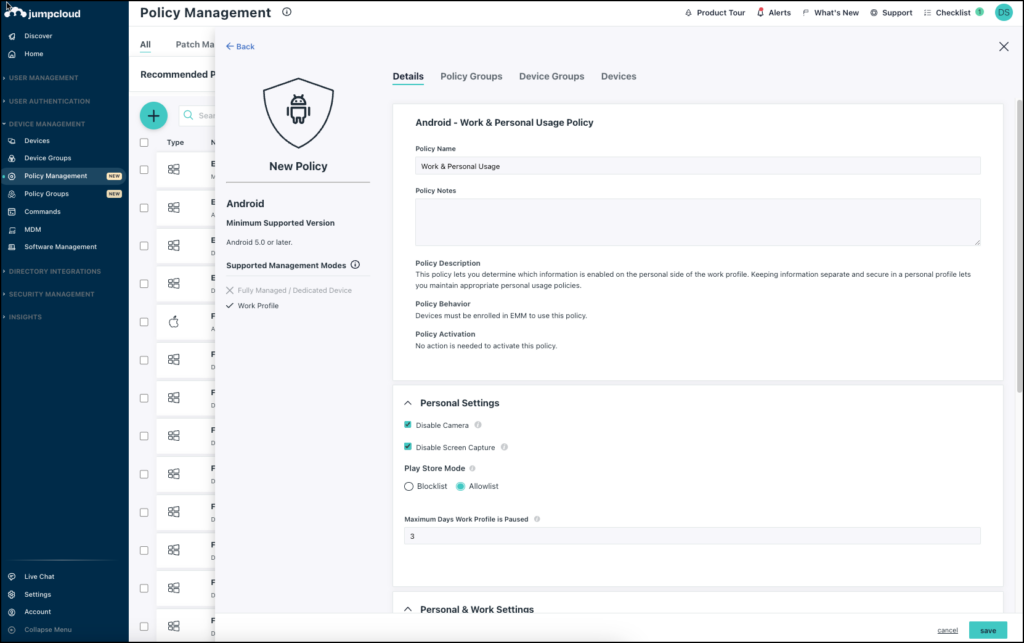 Create an Android Work & Personal Usage Policy - JumpCloud