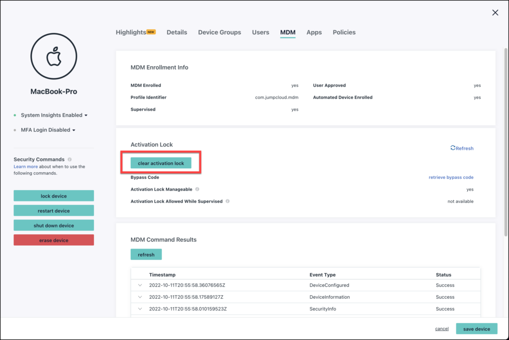 Create a Mac or iOS Activation Lock Policy - JumpCloud