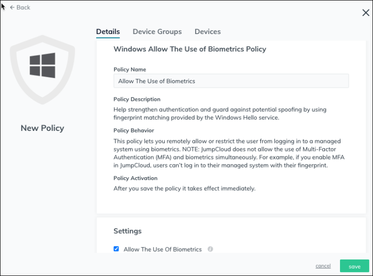 Manage Windows Biometrics Using A Policy Jumpcloud