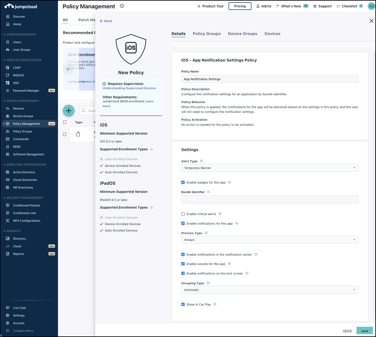 Create A Mac Or Ios App Notification Settings Policy Jumpcloud
