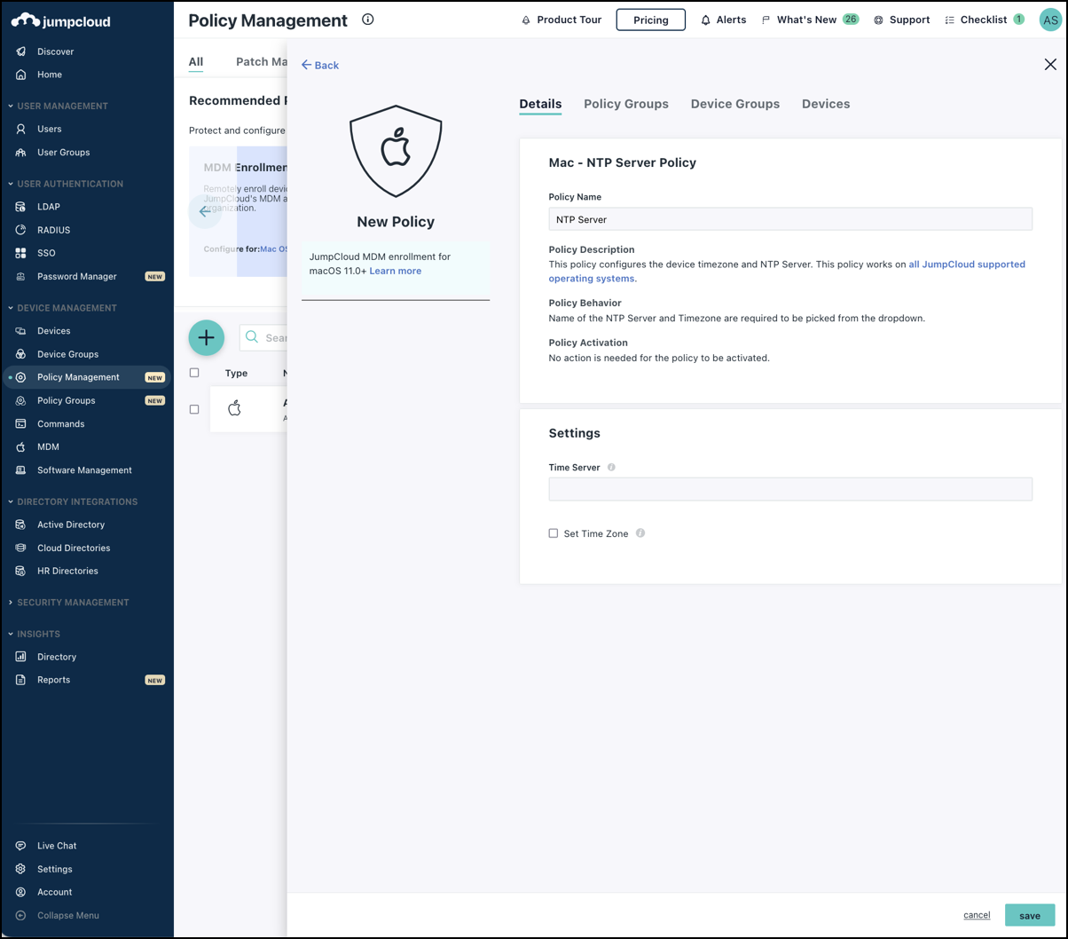 Create a Mac NTP Server Policy - JumpCloud