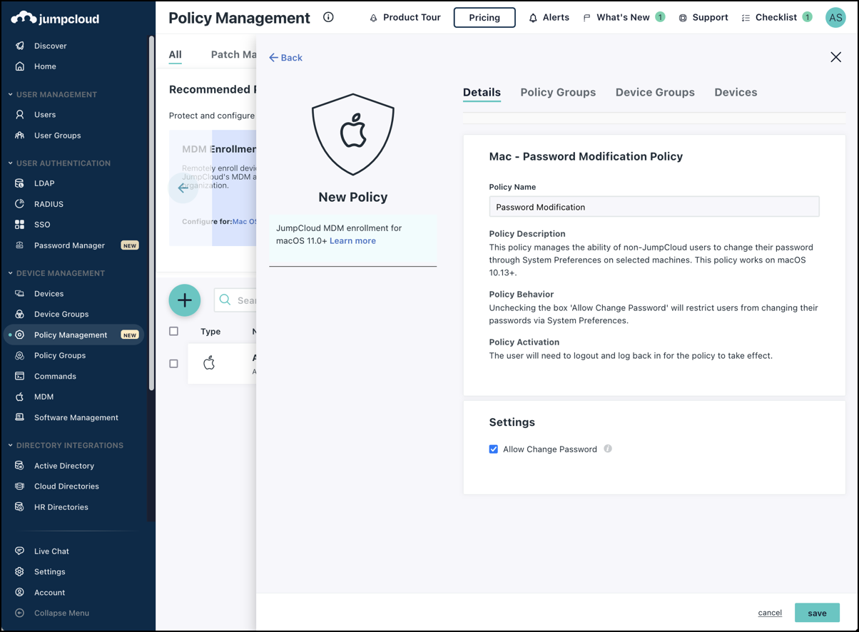 Create a Mac Password Modification Policy - JumpCloud