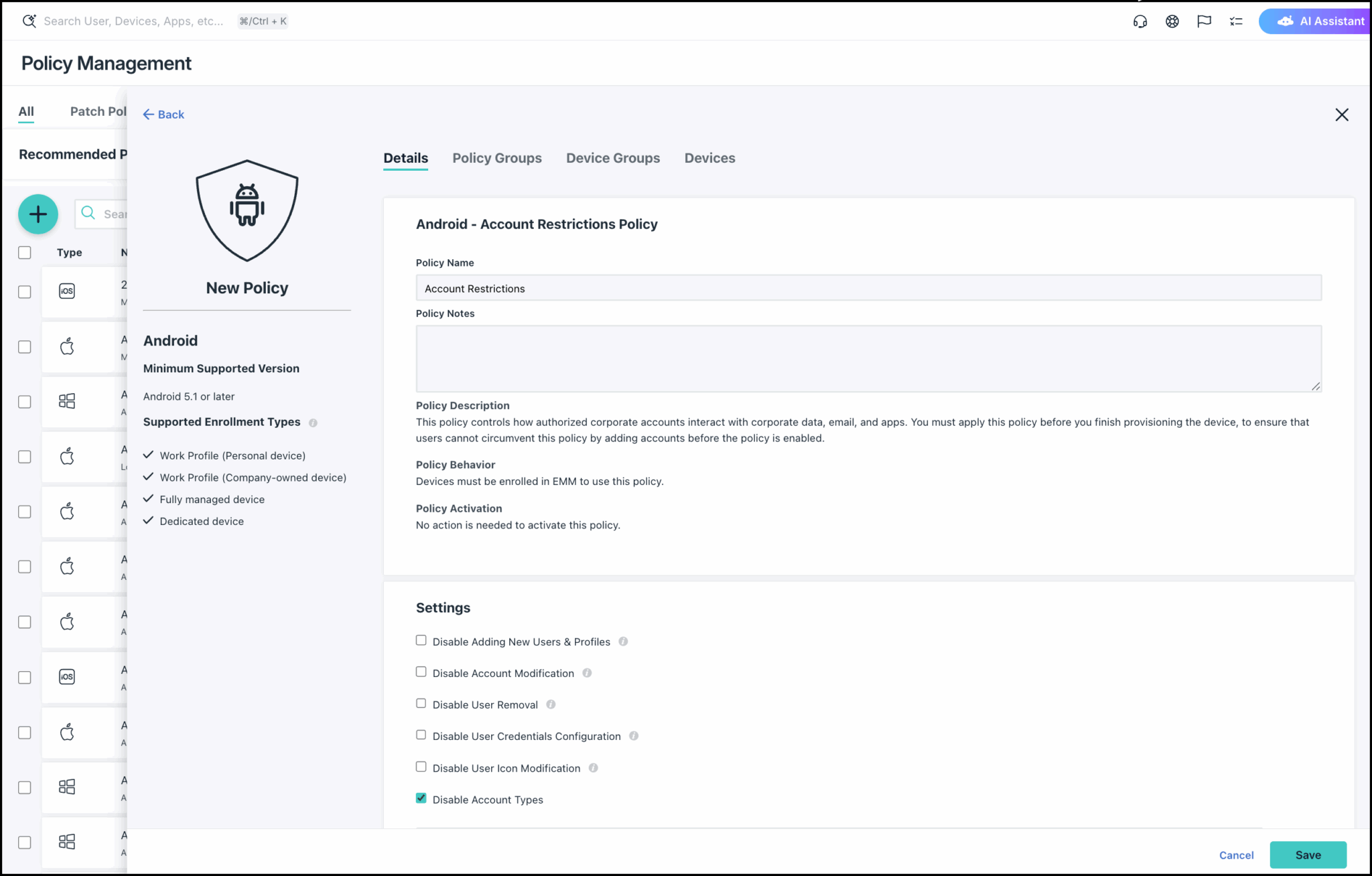 Create an Android Account Restrictions Policy - JumpCloud