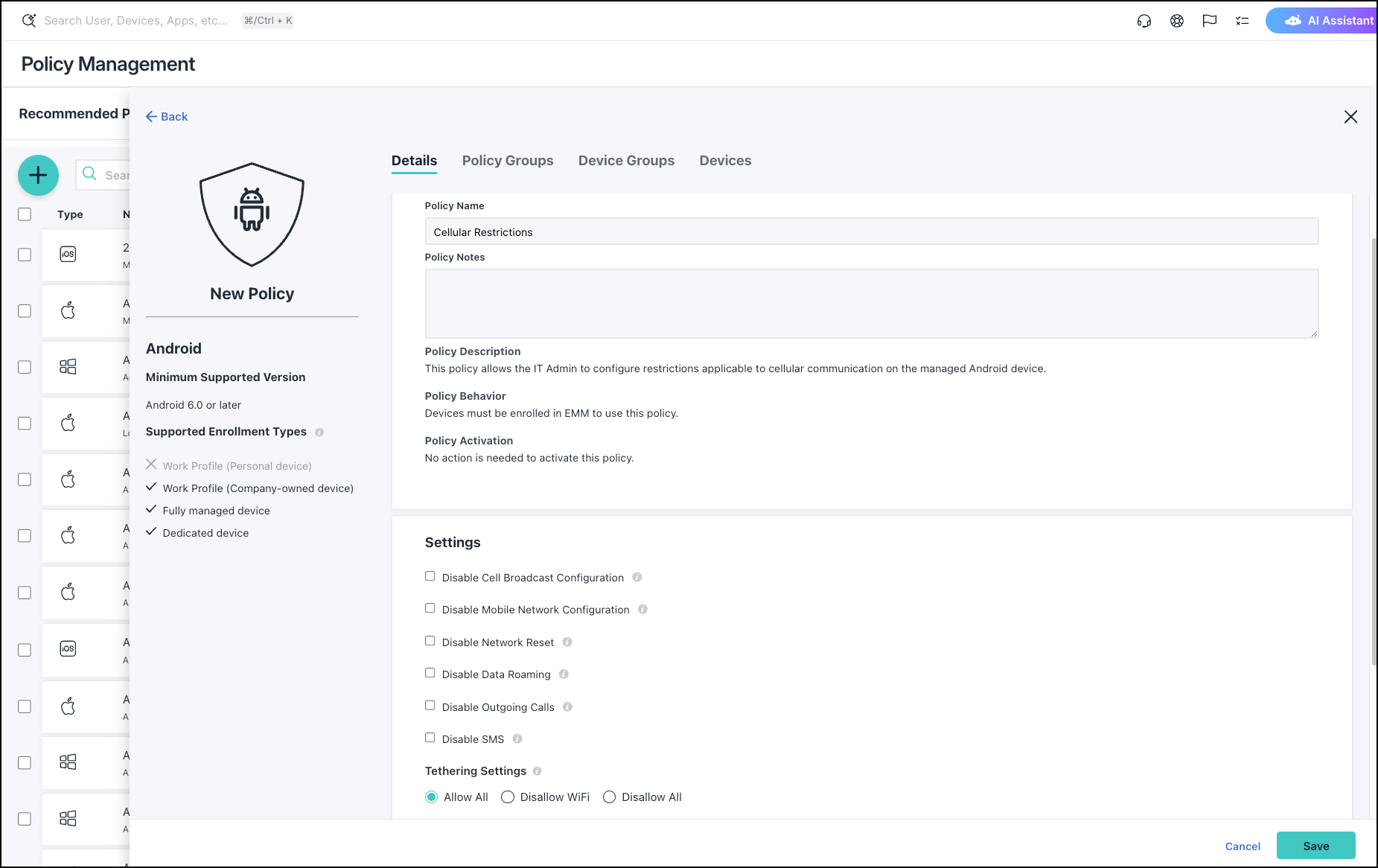 Create an Android Cellular Restrictions Policy - JumpCloud