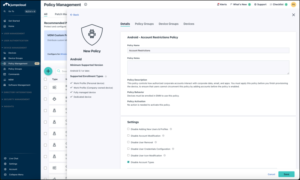 Create an Android Account Restrictions Policy - JumpCloud