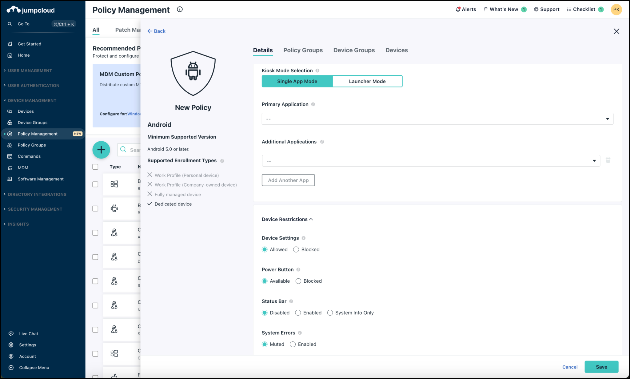 Create an Android Kiosk Mode Policy - JumpCloud