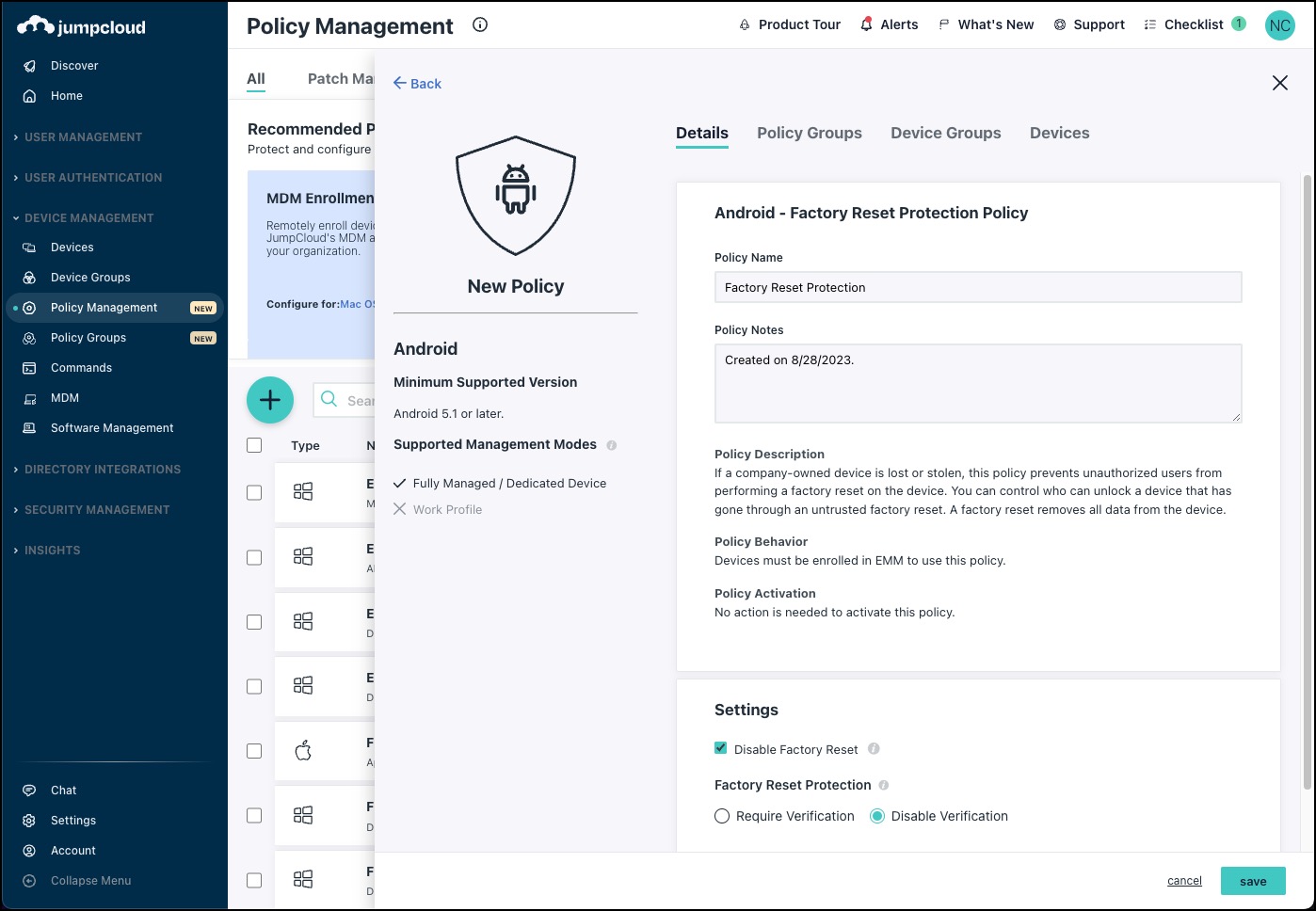 Create An Android Factory Reset Protection Policy Jumpcloud