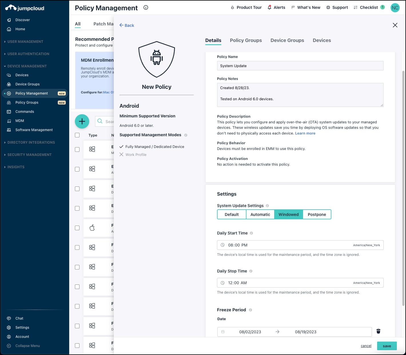 Create An Android System Updates Policy Jumpcloud