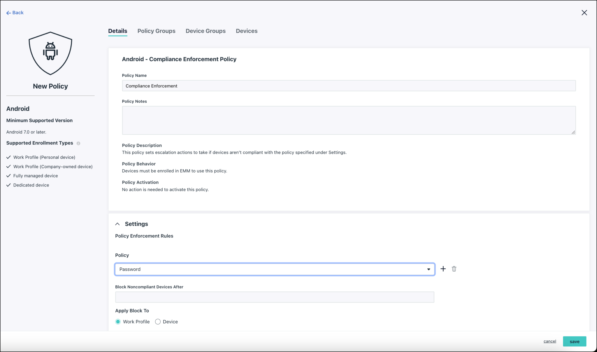 Create an Android Compliance Enforcement Policy - JumpCloud