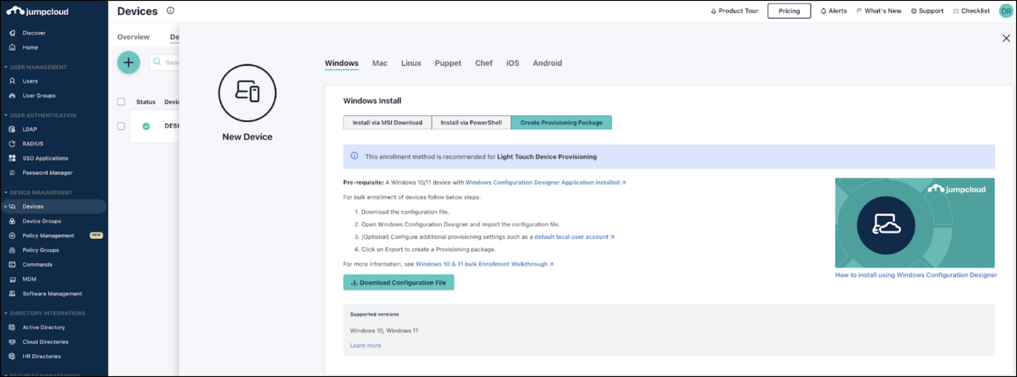 Enroll Windows MDM Using a Provisioning Package - JumpCloud