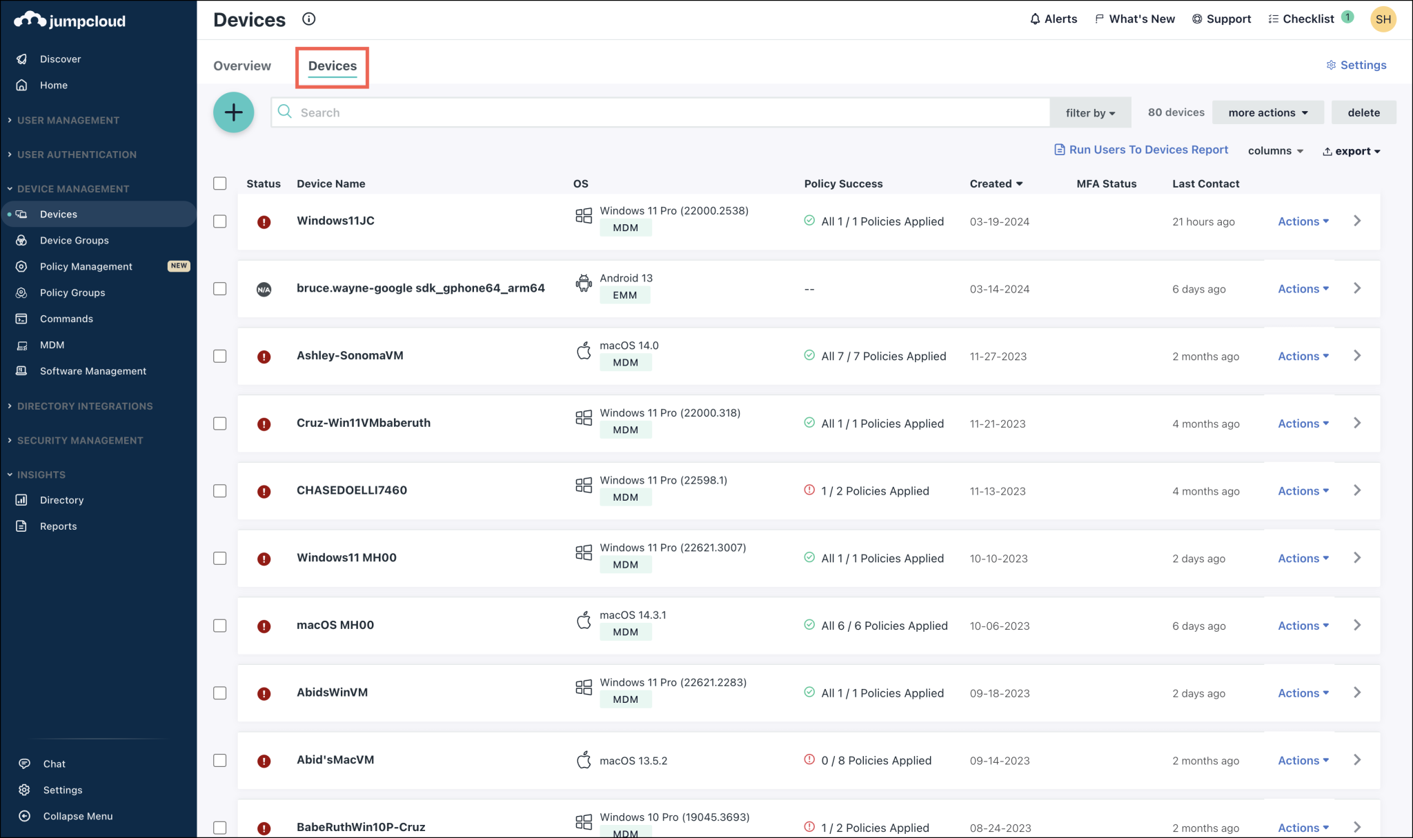 Admin Portal Devices List - JumpCloud