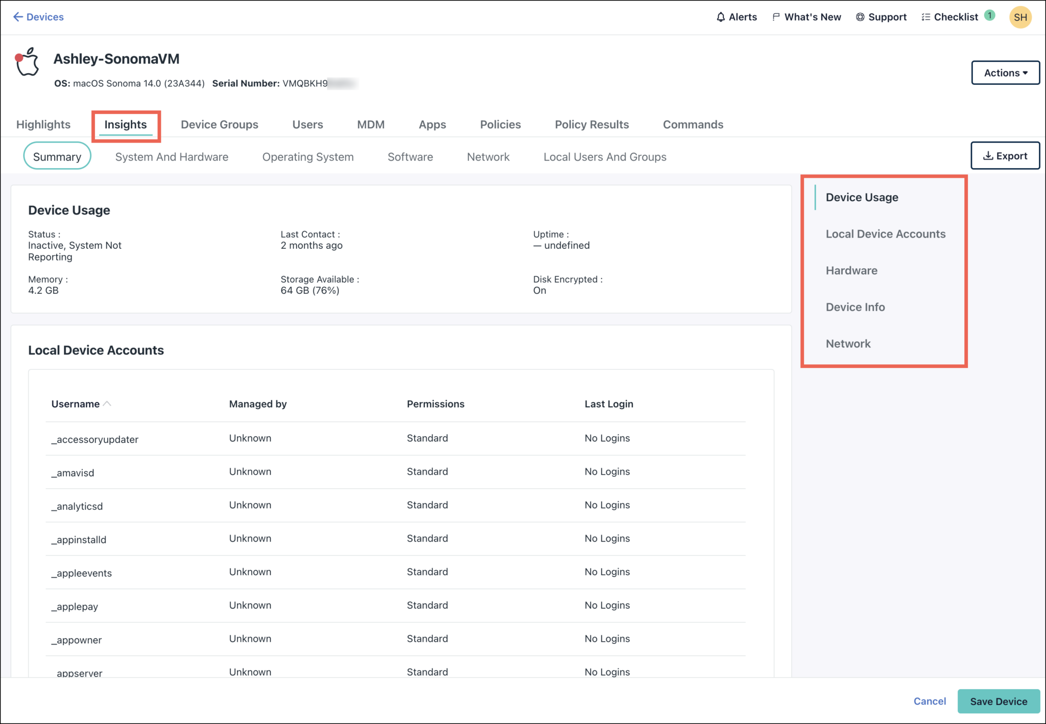 Admin Portal Devices List - JumpCloud