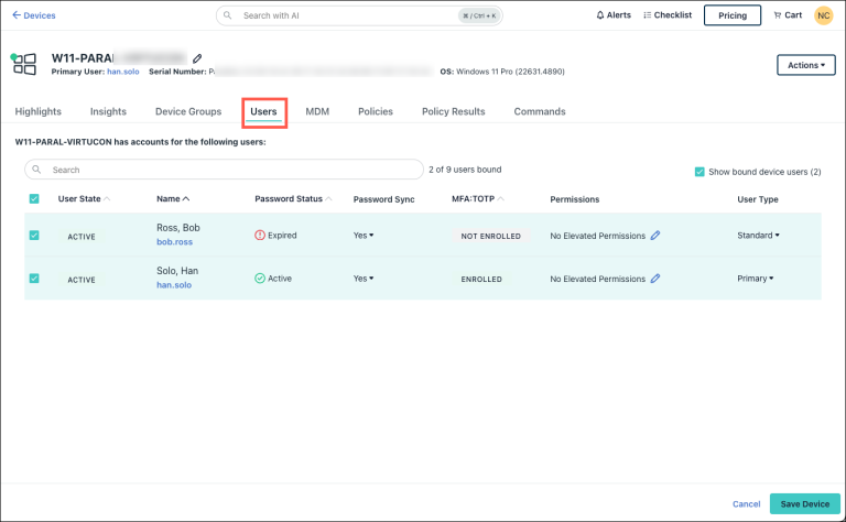 Admin Portal Devices List - JumpCloud