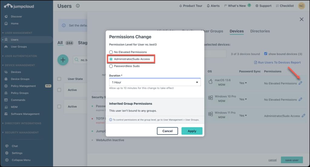 Set Admin/Sudo Permissions - JumpCloud