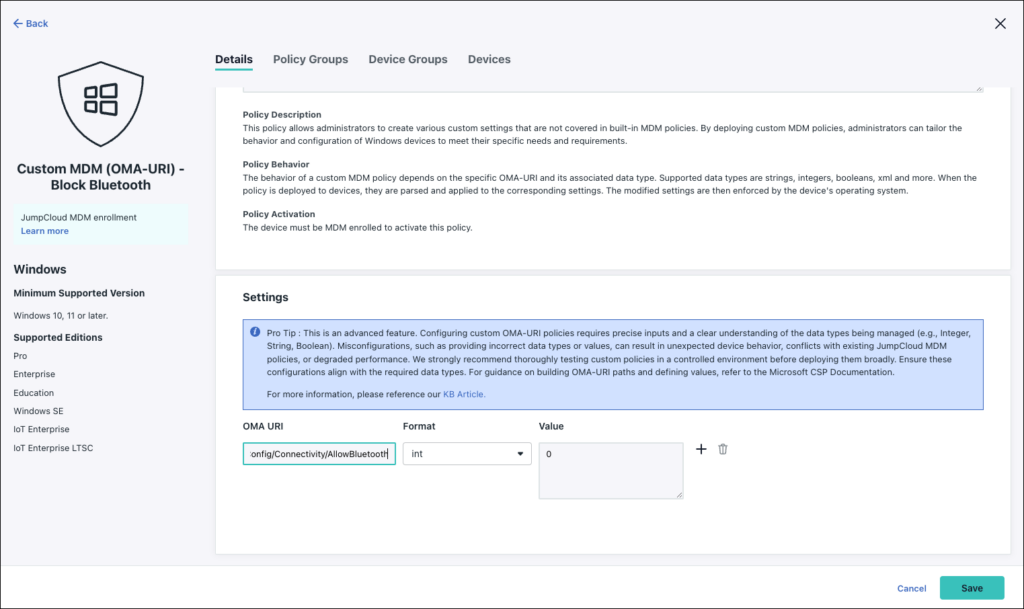 Create a Custom Windows MDM (OMA URI) Policy - JumpCloud