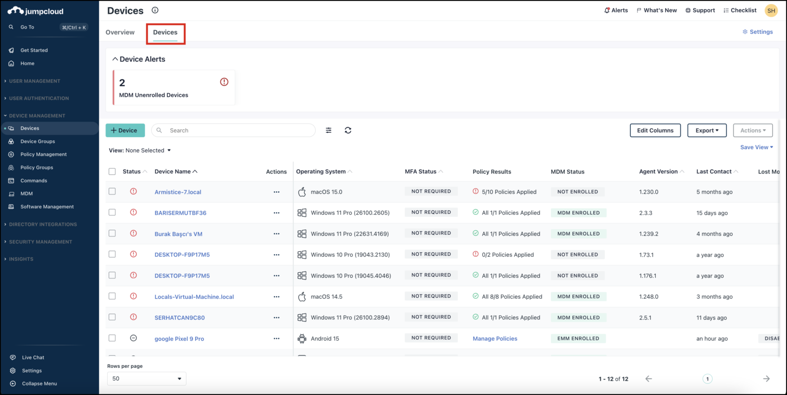 Admin Portal Devices List - JumpCloud