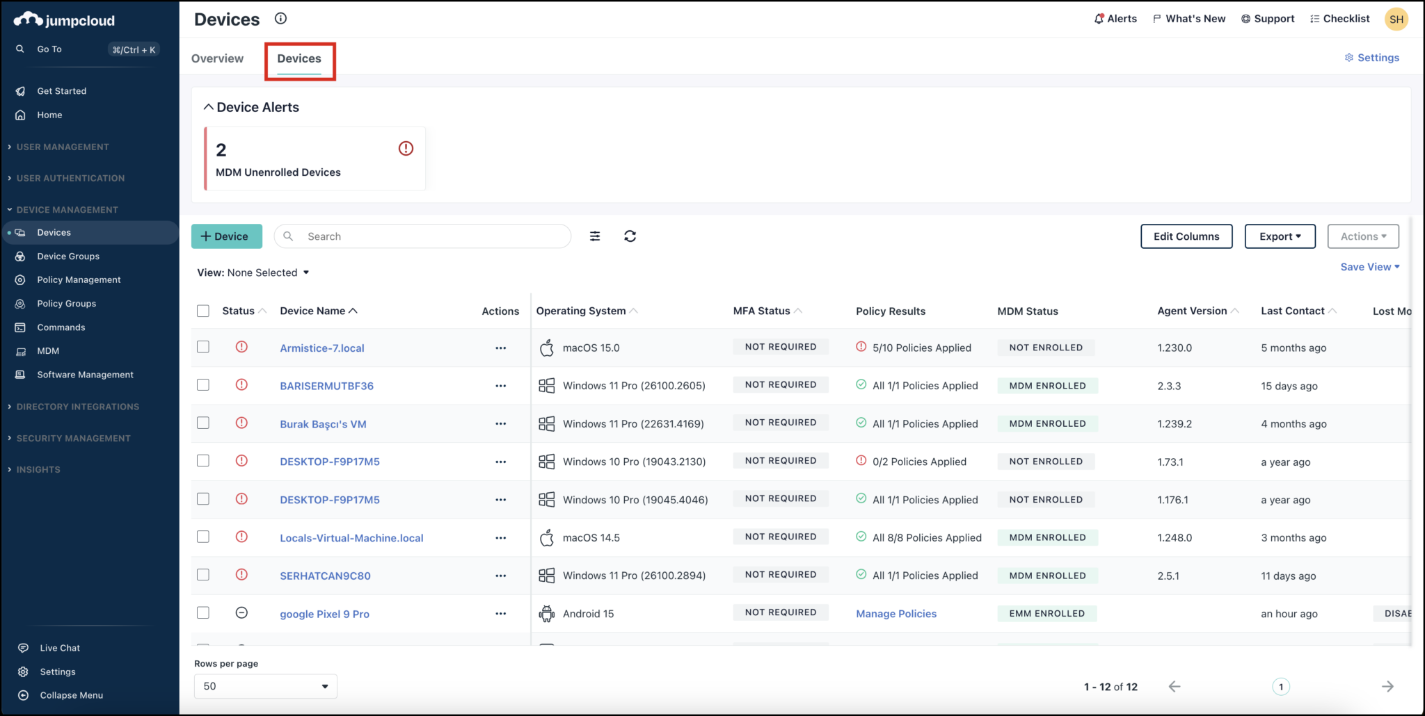 Admin Portal Devices List - JumpCloud