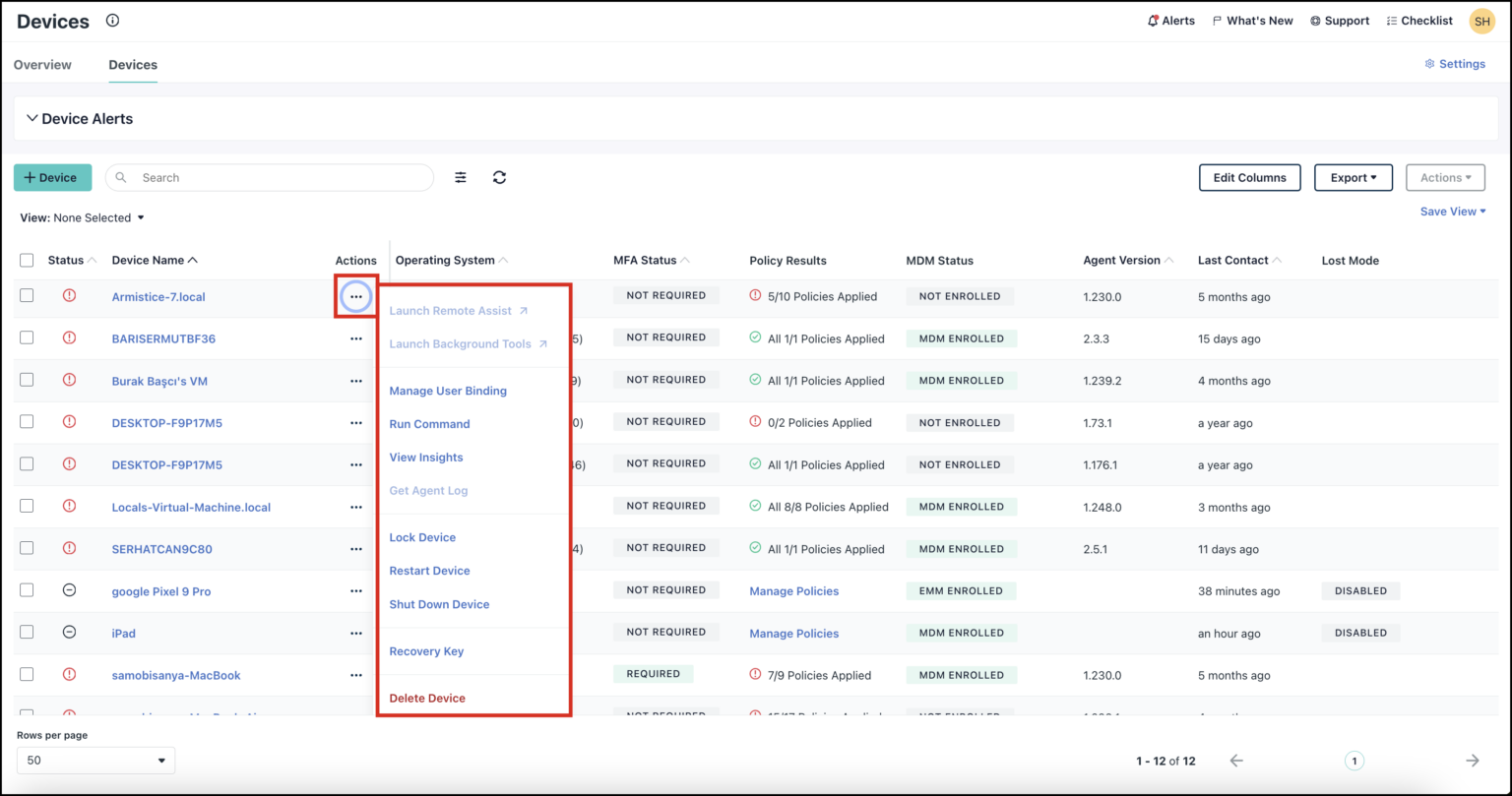 Admin Portal Devices List - JumpCloud
