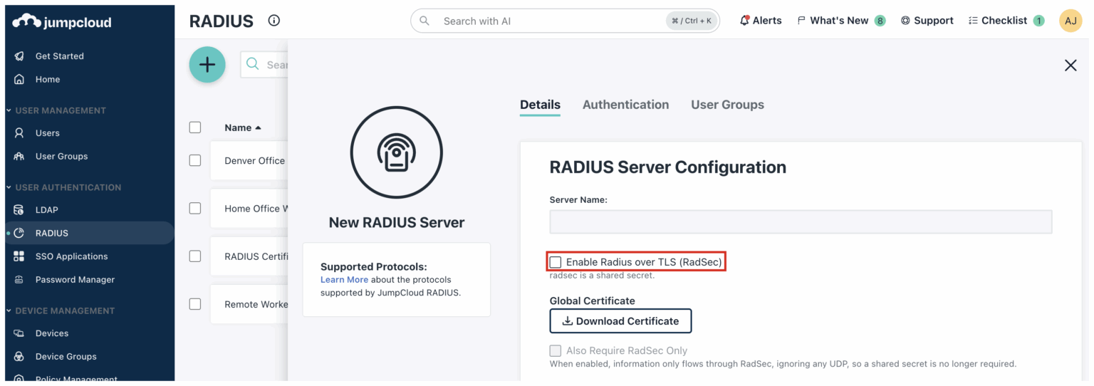 RadSec Configuration for RADIUS - JumpCloud