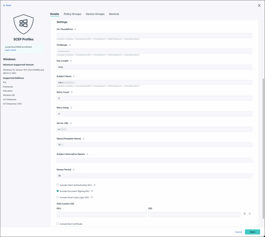 Create a Windows SCEP Profiles Policy - JumpCloud