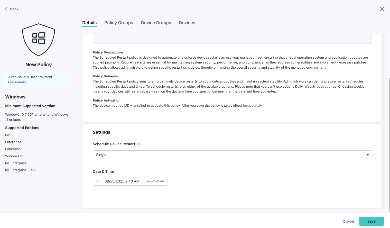Create a Windows Schedule Restart Policy - JumpCloud